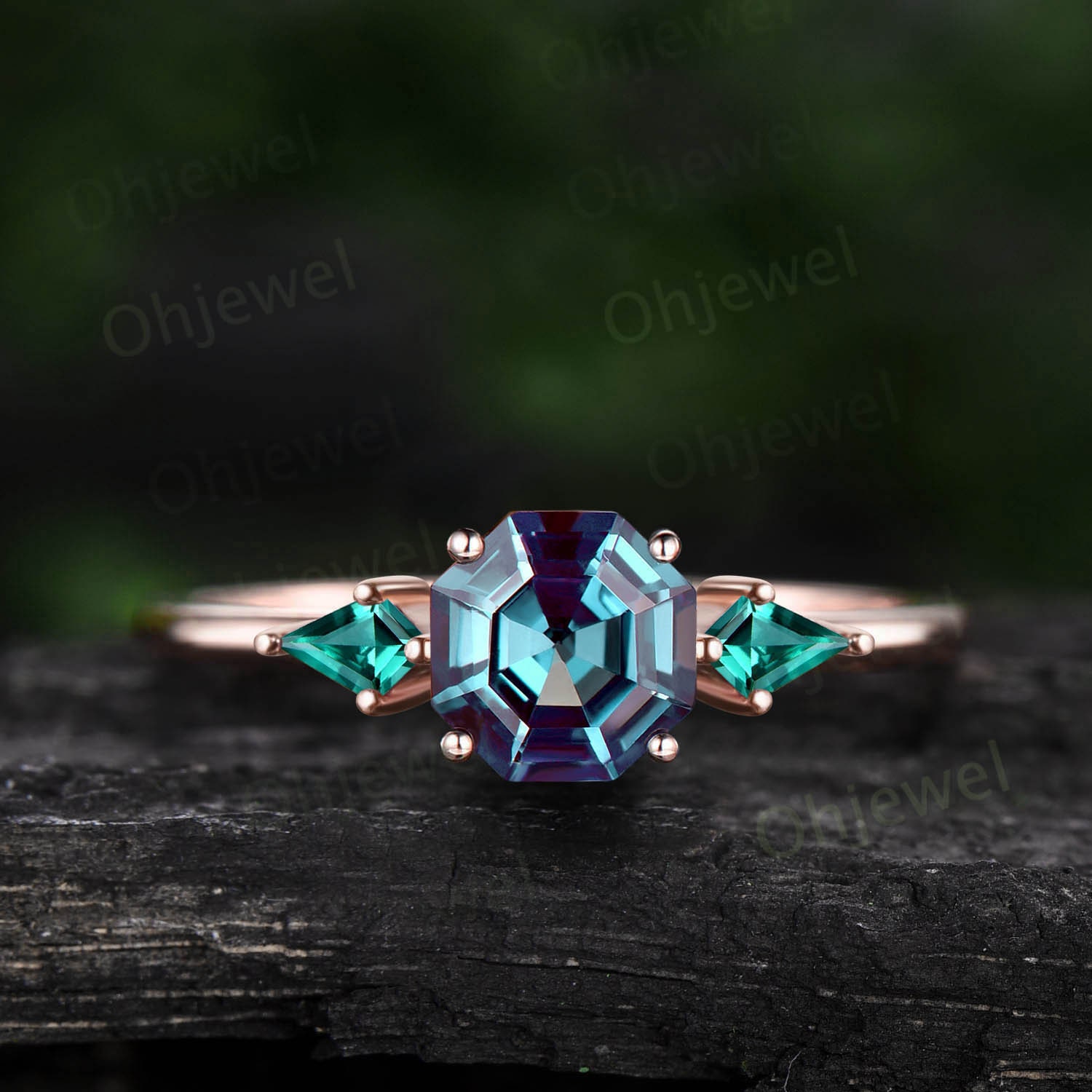 Octagon Cut Alexandrite Ring Three Stone Rose Gold Ring Kite - Etsy