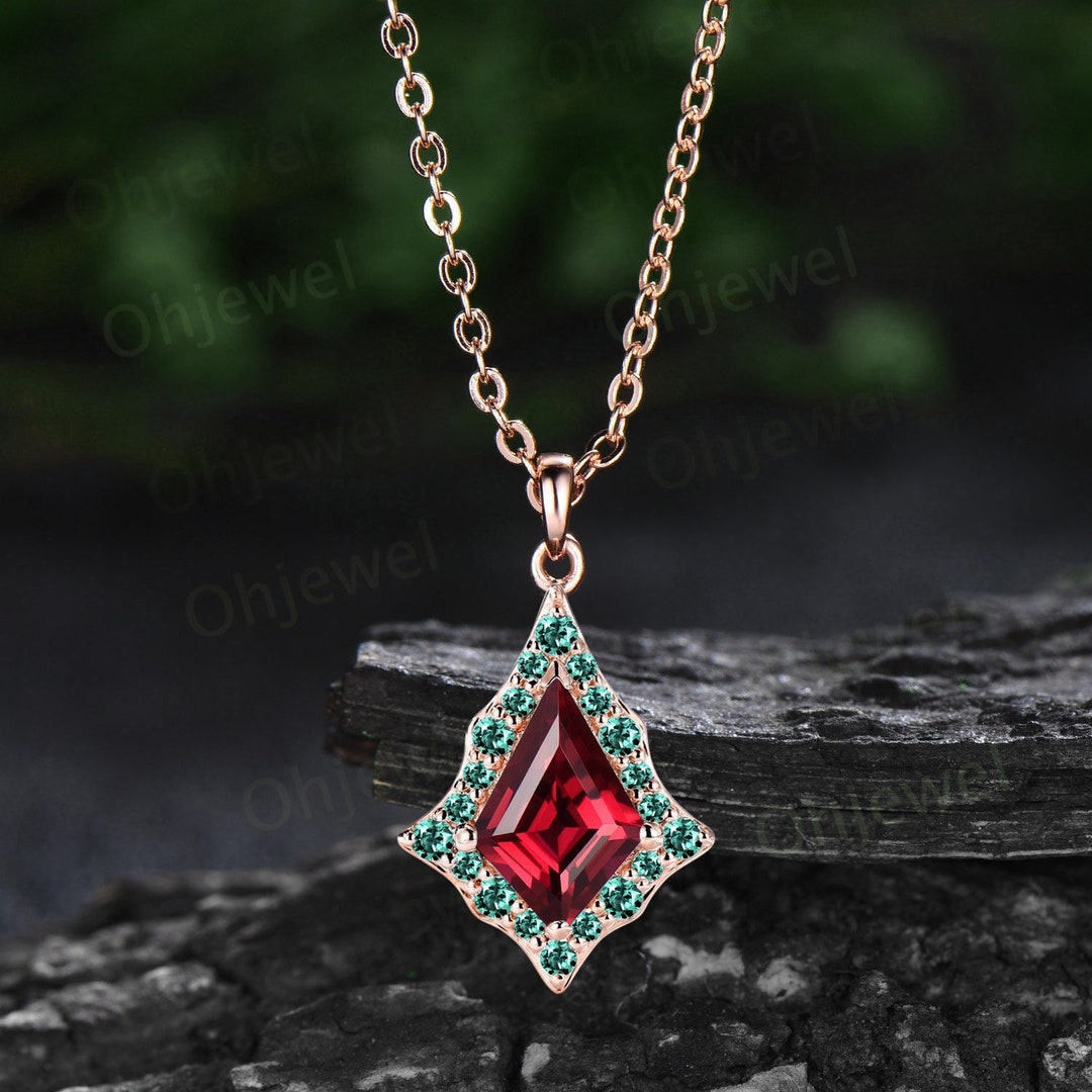 Vintage Kite Red Ruby Necklace Solid 14k Rose Gold Unique Snowdrift Halo Green Emerald Necklace ...