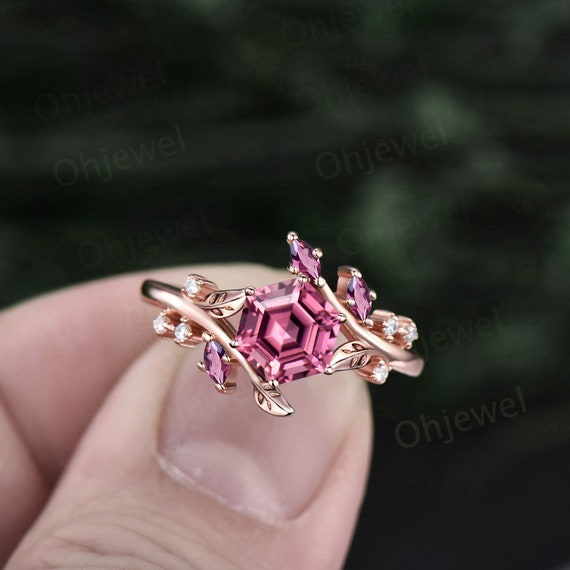Hexagon Cut Pink Tourmaline Engagement Ring 14k Rose Gold Nature Inspired Leaf Twig Diamond Ring Women Cluster Alexandrite Ring Silver Gift Etsy