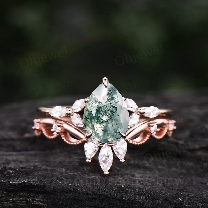 Vintage Pear Shaped Moss Agate Engagement Ring Set Rose Gold - Etsy