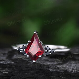 Unique Kite Cut Red Ruby Engagement Ring Solid 14k White Gold Black ...