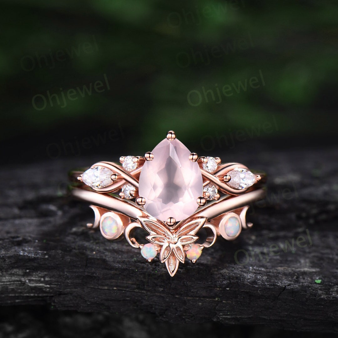 Pear Shaped Rose Quartz Ring Vintage Unique Rose Quartz Engagement Ring ...