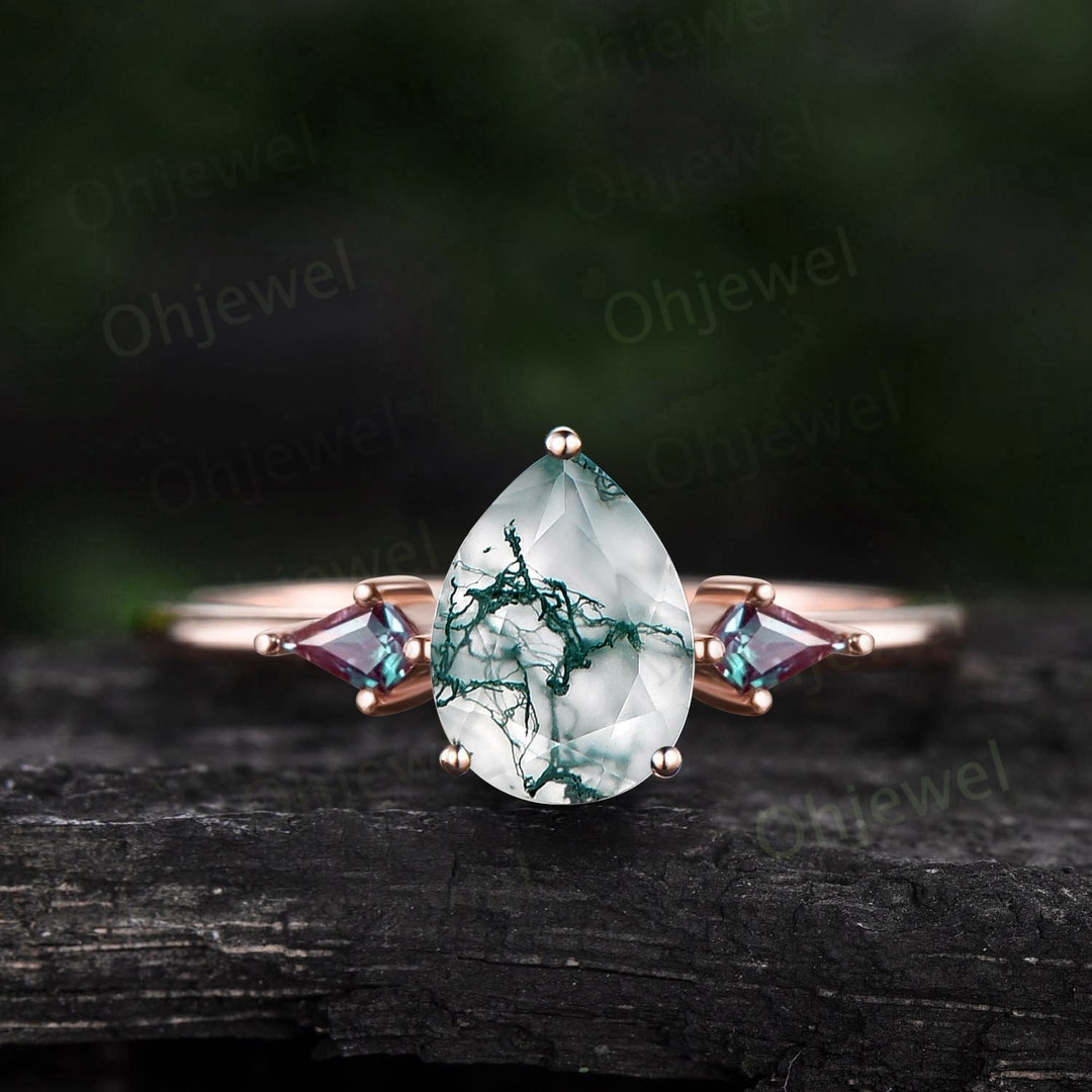 Pear Shaped Green Moss Agate Ring Three Stone 14k Rose Gold Ring Kite ...