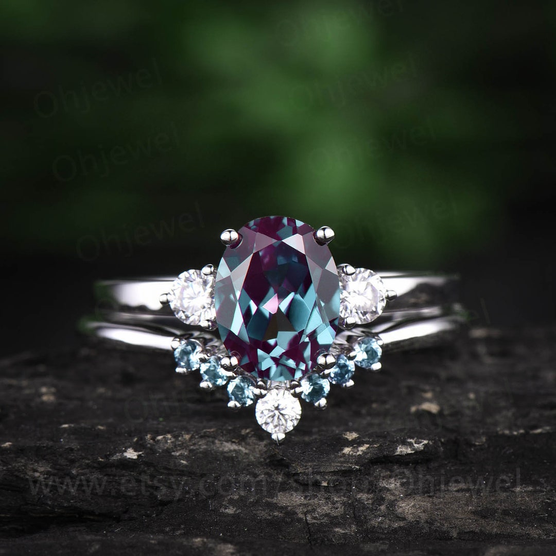 2pcs Color Change Alexandrite Engagement Ring Set White Gold Curved ...