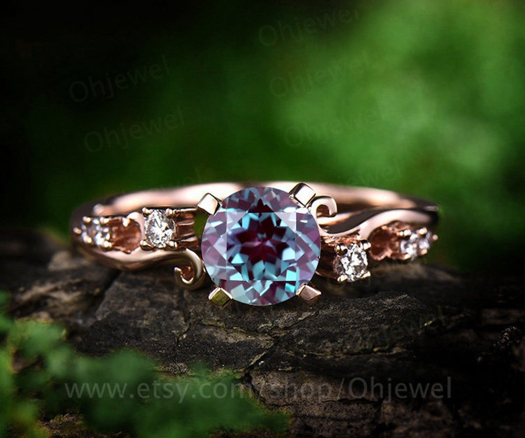 Antique Diamond Ring Color Change Alexandrite Engagement Ring Rose Gold ...