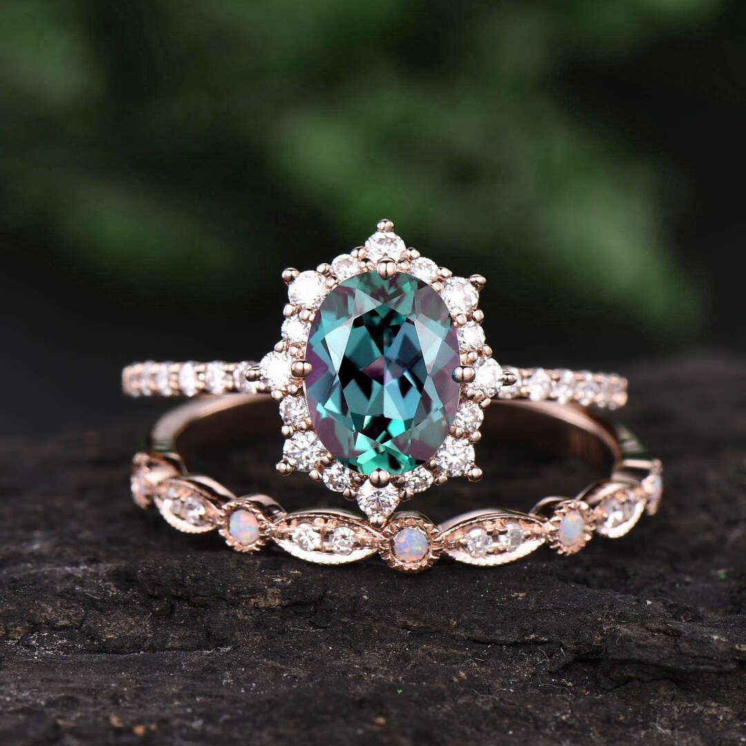 Color Change Alexandrite Engagement Ring Set Vintage Opal Ring Set ...