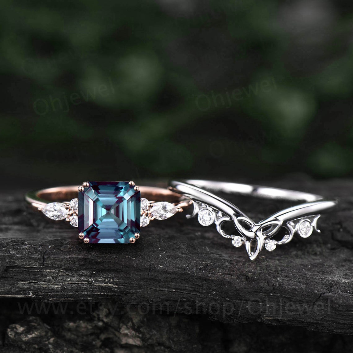 Asscher Cut Alexandrite Engagement Ring Set Solid 14k Rose Gold Art ...