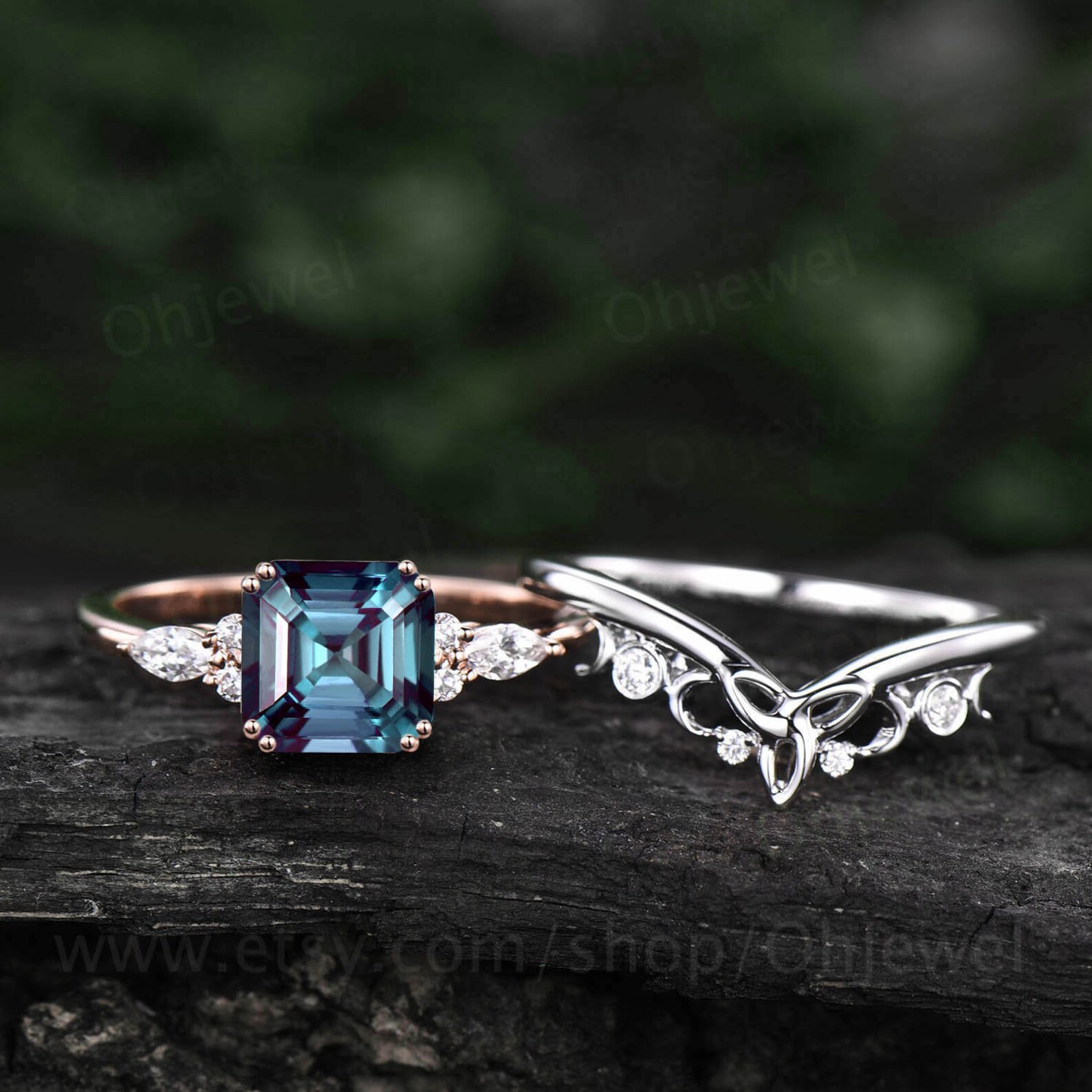 Asscher Cut Alexandrite Engagement Ring Set Solid 14k Rose Gold Art ...