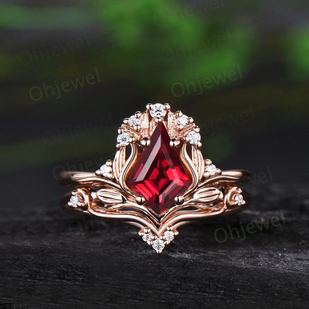 Kite Cut Red Ruby Leaf Engagement Ring Set Stacking Cluster Nature Inspired Diamond Wedding Ring ...