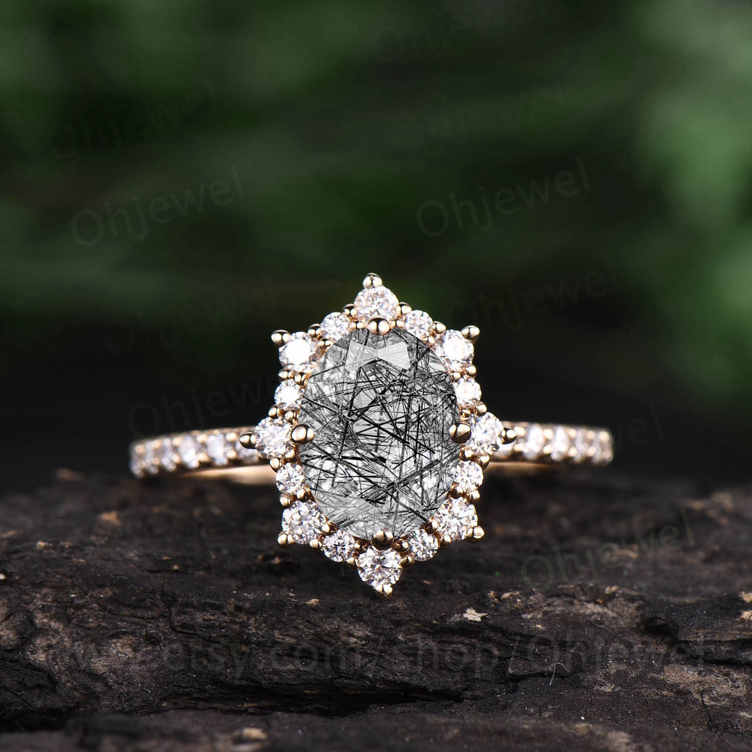 Vintage black rutilated quartz engagement ring moissanite | Etsy