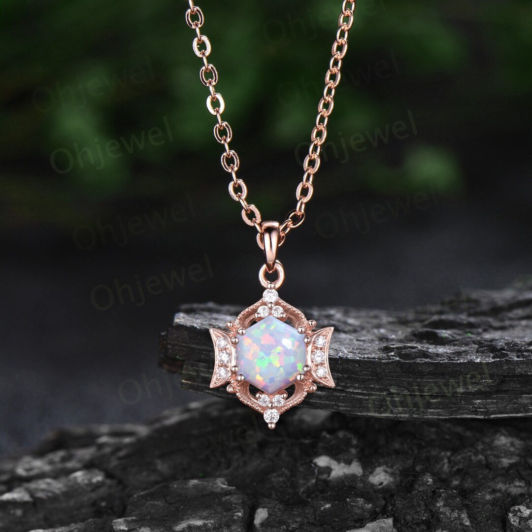Vintage Hexagon White Opal Necklace 14k Rose Gold 6 Prong Cluster Halo ...