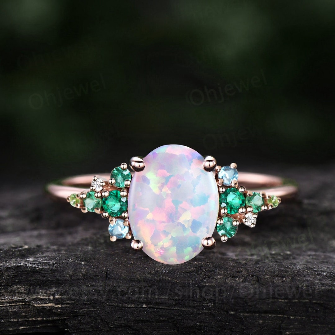 Vintage Opal Emerald Engagement Ring Rose Gold Cluster Snowdrift Peridot Topaz Ring Women ...