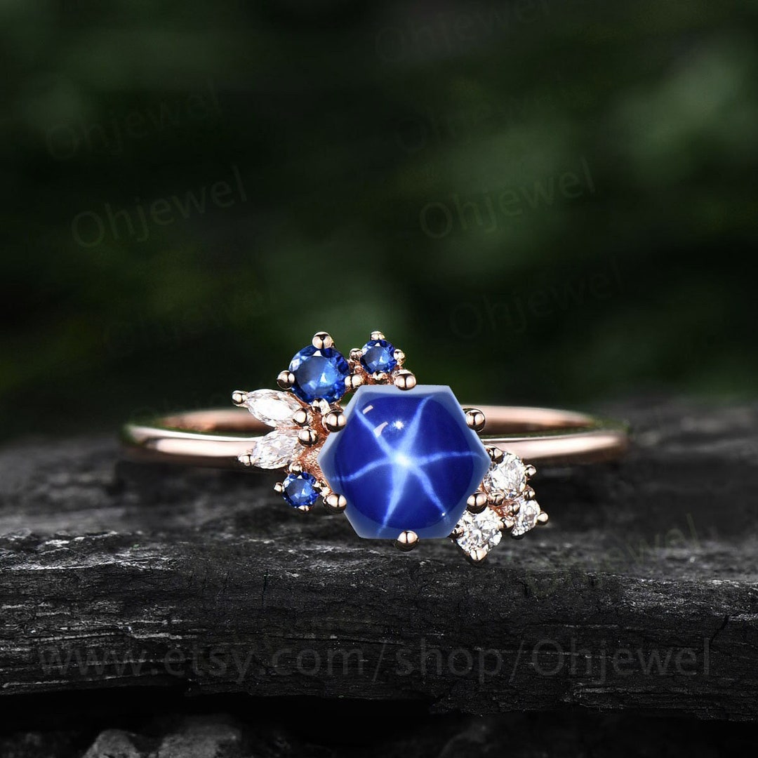 Hexagon Blue Star Sapphire Ring Vintage Unique Cluster Sapphire ...