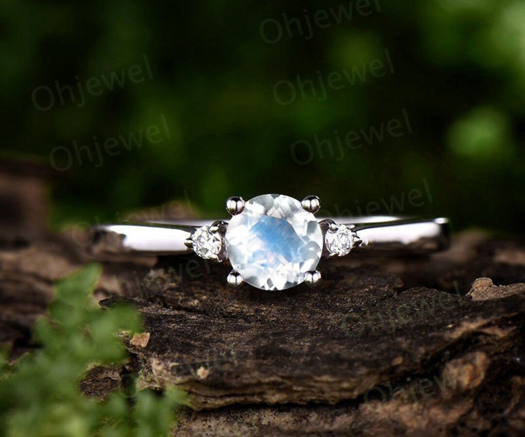 Three Stone Moonstone Engagement Ring White Gold 14K/18K Moonstone Ring ...