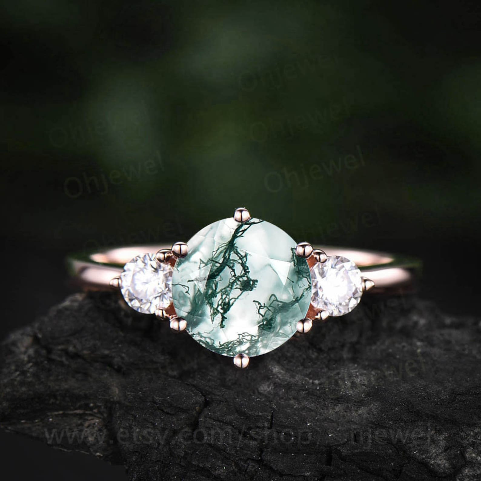 Round Moss Agate Ring Set Vintage Moss Agate Engagement Ring | Etsy