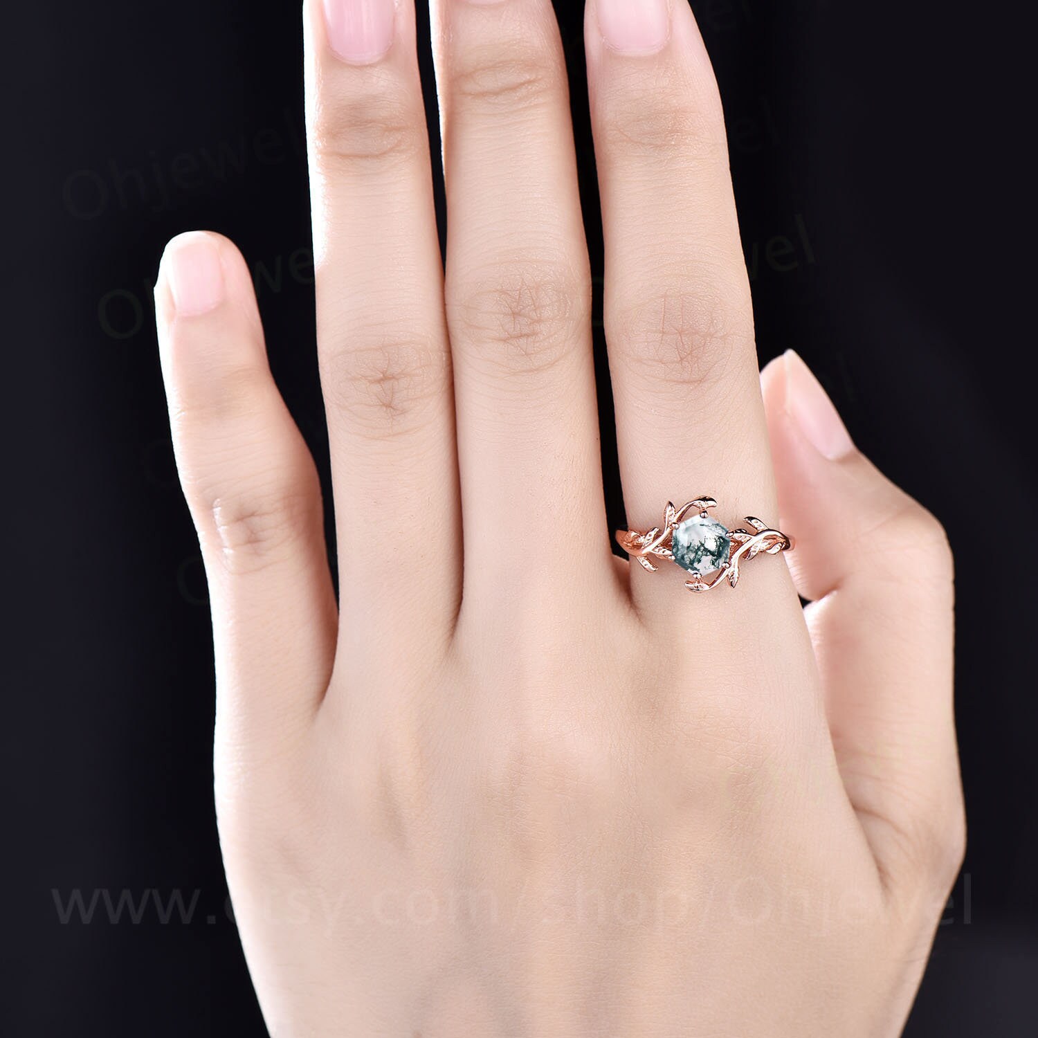 Hexagon Moss Agate Engagement Ring Leaf Flower Rose Gold Silver Unique ...