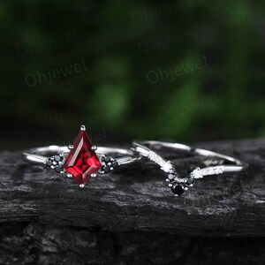 Unique Kite Cut Red Ruby Engagement Ring Solid 14k White Gold Black ...