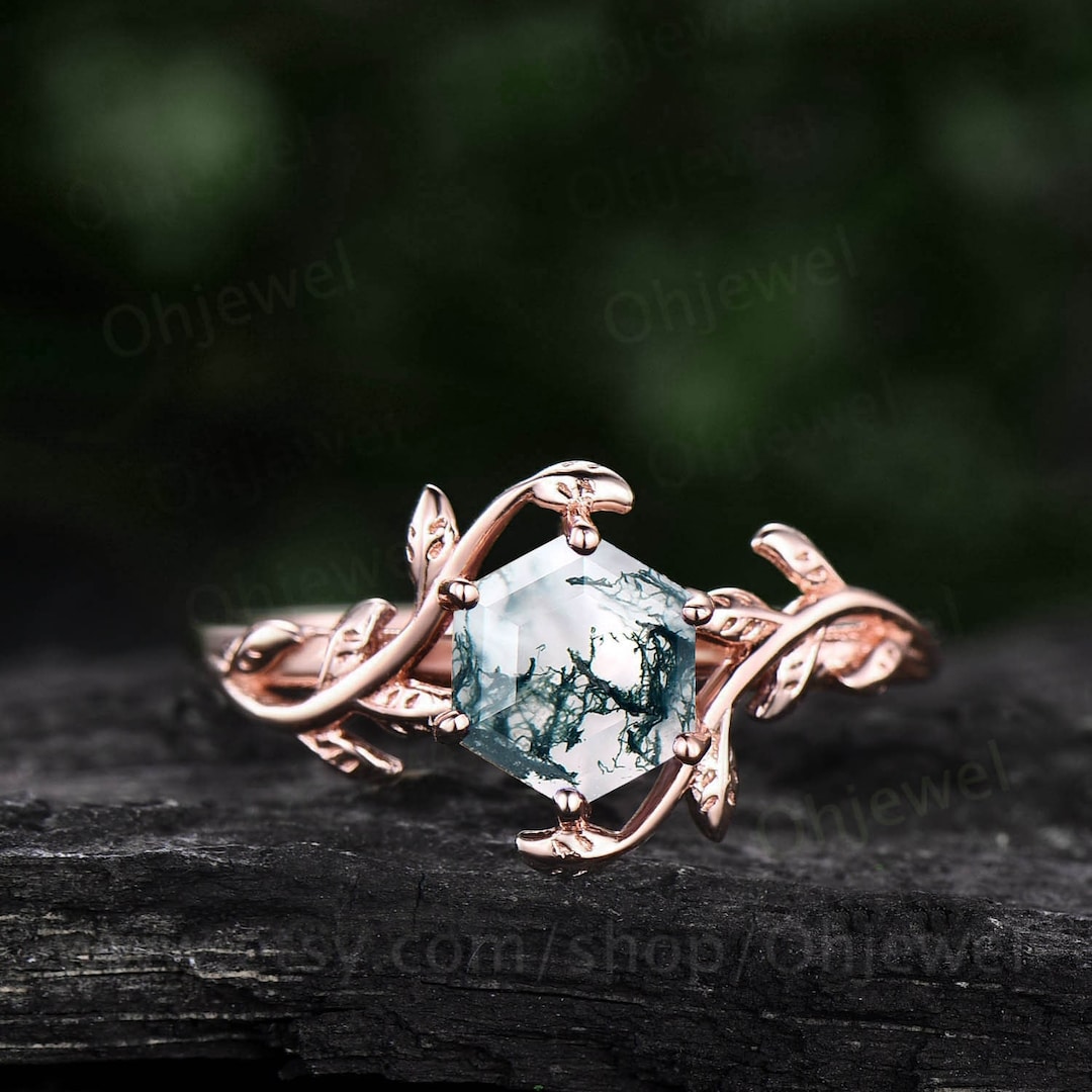 Hexagon Moss Agate Engagement Ring Leaf Flower Rose Gold Silver Unique ...