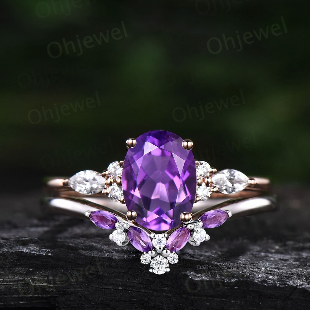 Vintage Oval Cut Purple Amethyst Engagement Ring Set Rose Gold Marquise ...
