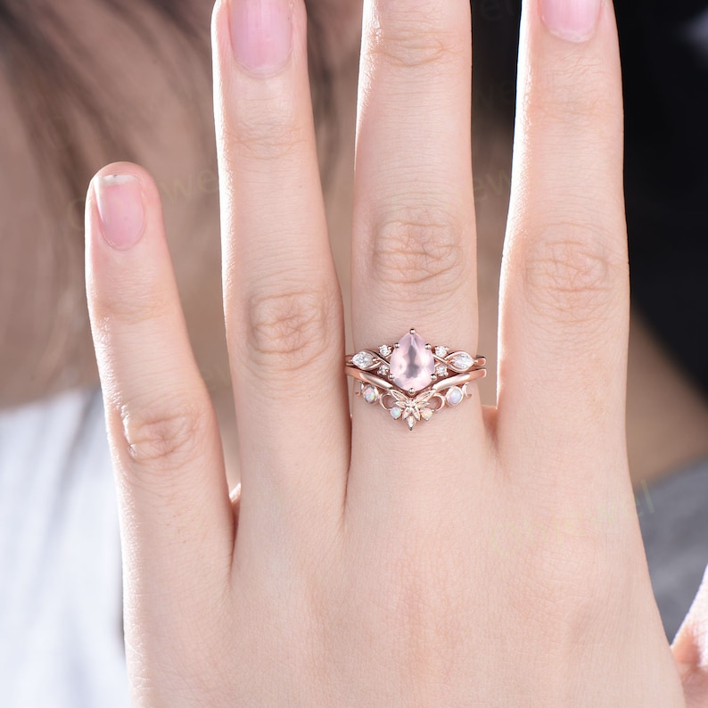 Pear Shaped Rose Quartz Ring Vintage Unique Rose Quartz Engagement Ring ...
