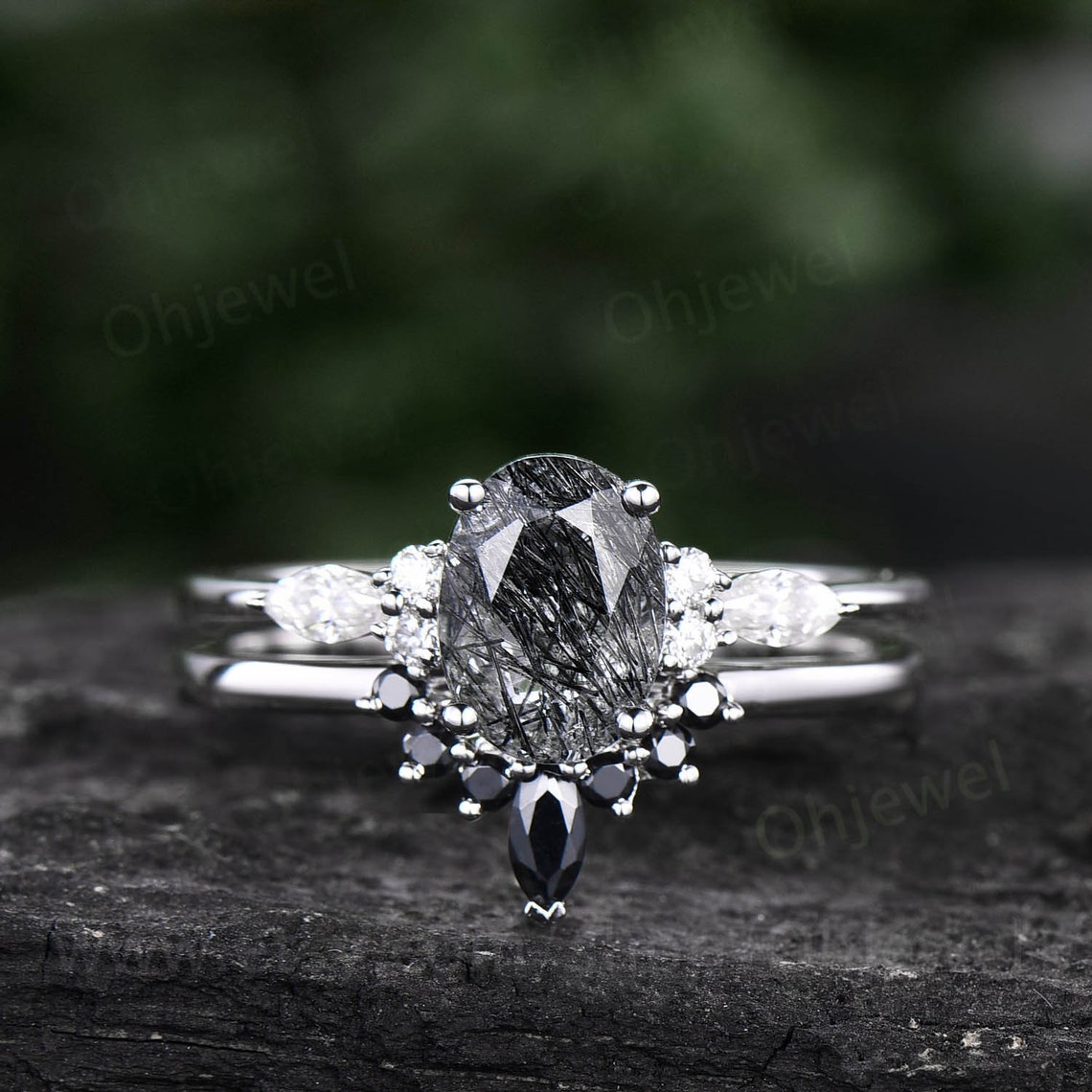 Oval cut black rutilated quartz engagement ring set rose gold | Etsy