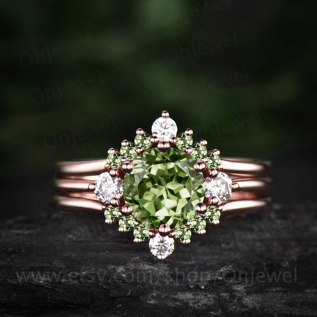 Round Cut Peridot Ring Three Stone Peridot Engagement Ring Set Solid ...