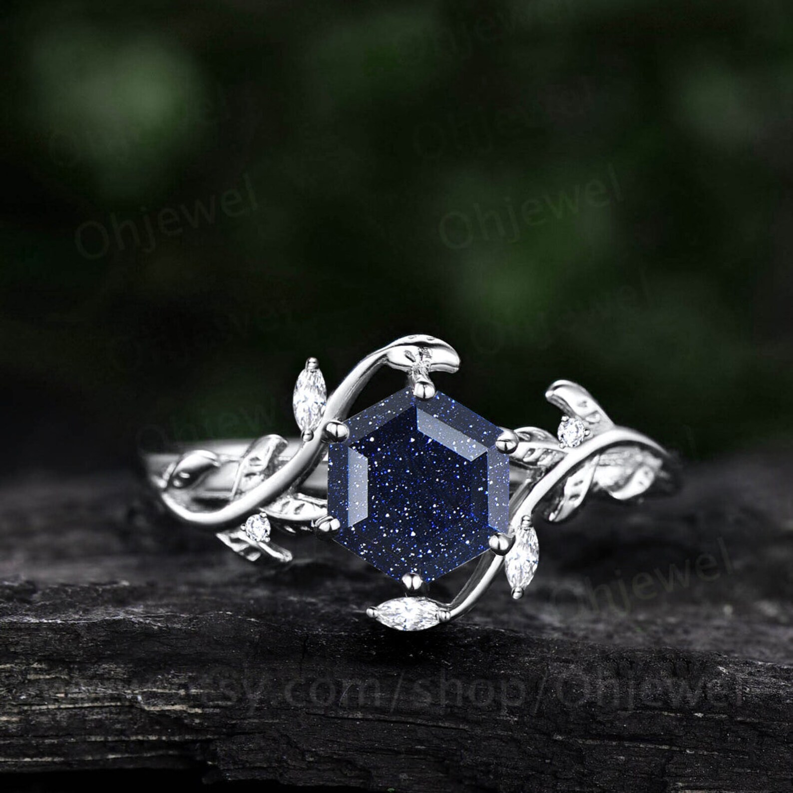Hexagon Cut Blue Sandstone Ring Vintage Moonstone Ring Leaf Rose Gold ...