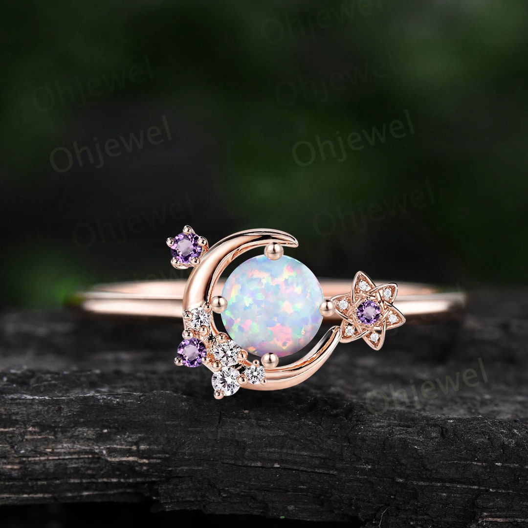 Round Opal Ring Vintage Cluster Amethyst Ring Rose Gold Unique Moon ...