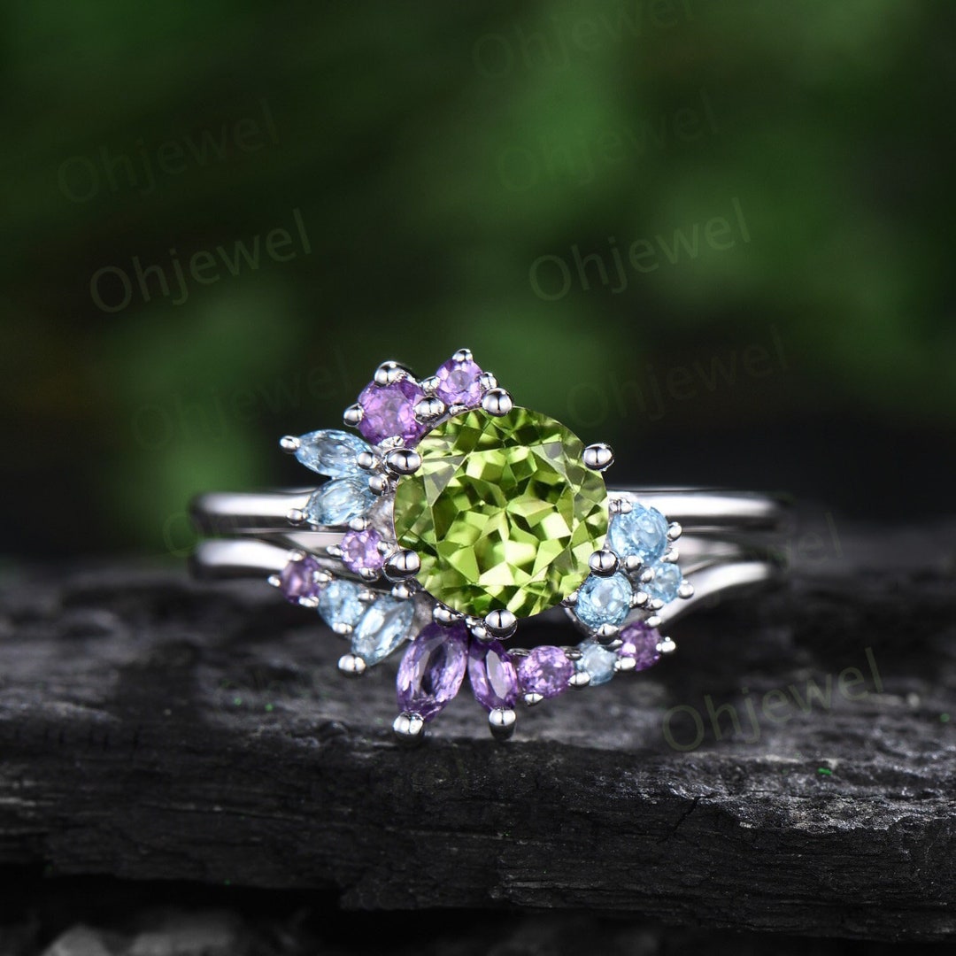 Vintage Round Peridot Engagement Ring 14k White Gold Snowdrift Cluster Amethyst Topaz Ring Women ...
