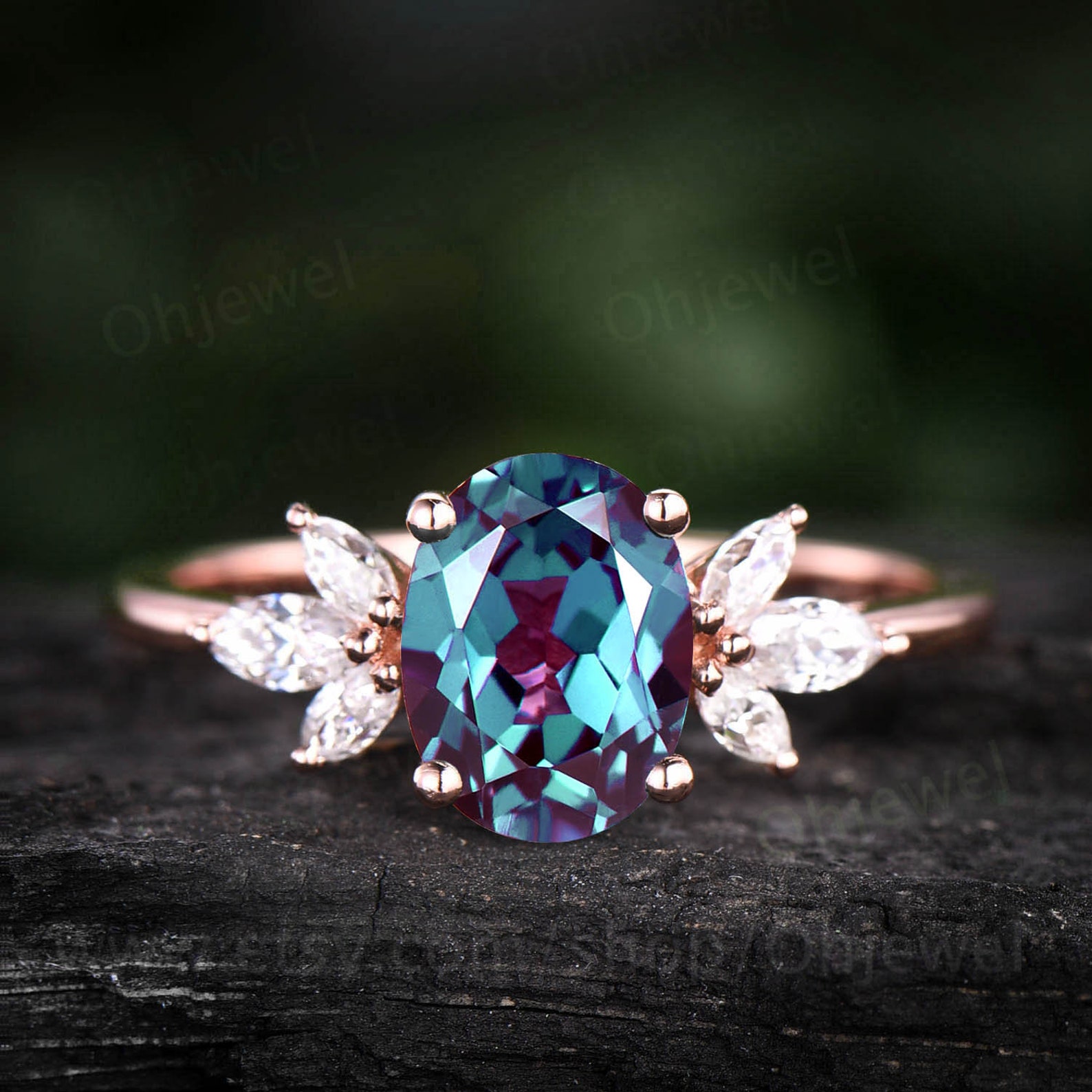 Oval Cut Alexandrite Ring Rose Gold Vintage Alexandrite Engagement Ring ...
