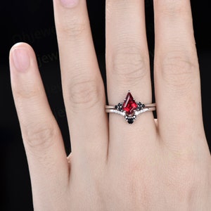 Unique Kite Cut Red Ruby Engagement Ring Solid 14k White Gold Black ...