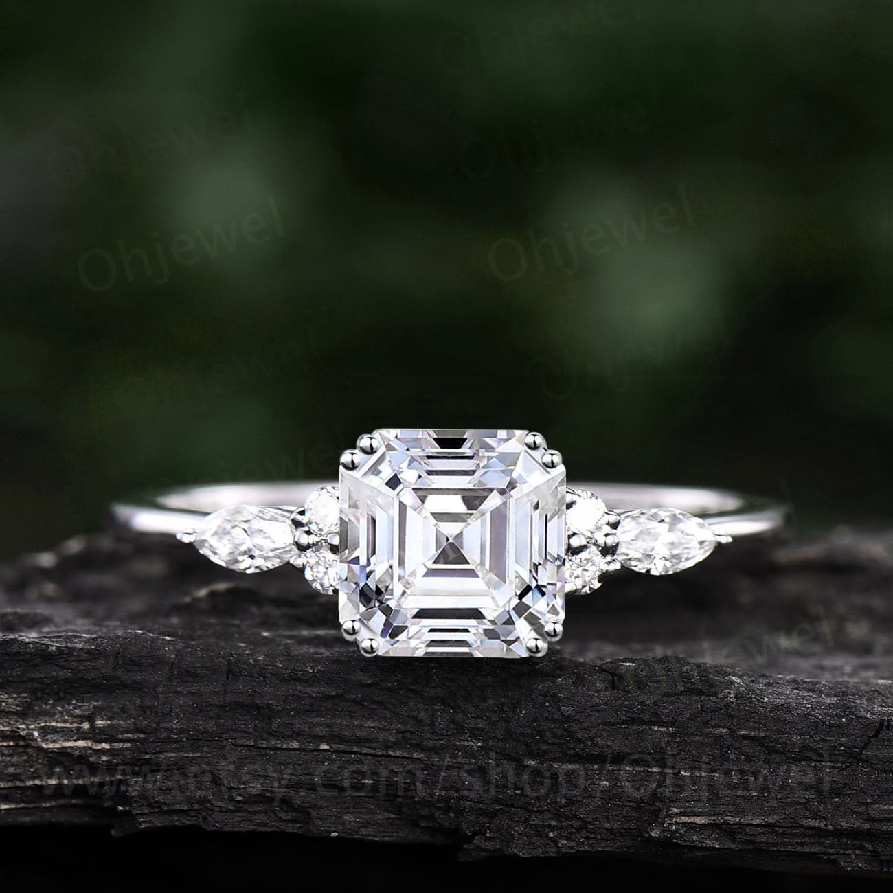 Asscher Cut Moissanite Engagement Ring Set Solid 14k Rose Gold Art Deco ...
