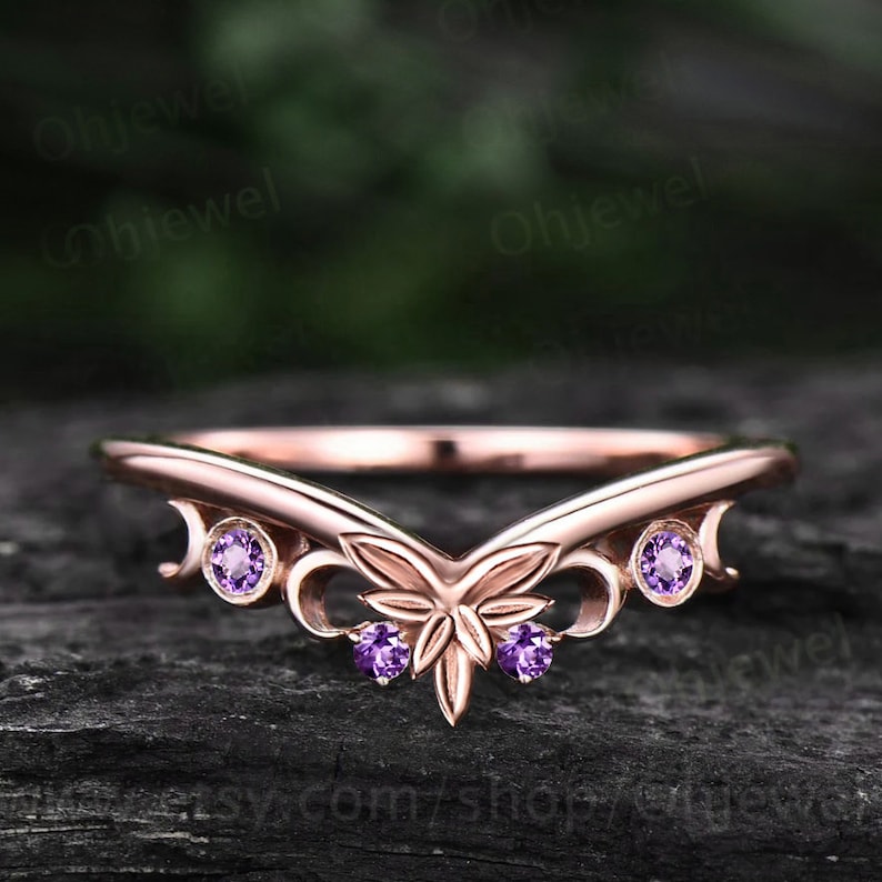 Unique Amethsyt Wedding Band Solid 14k Rose Gold Vintage Dainty Leaf ...