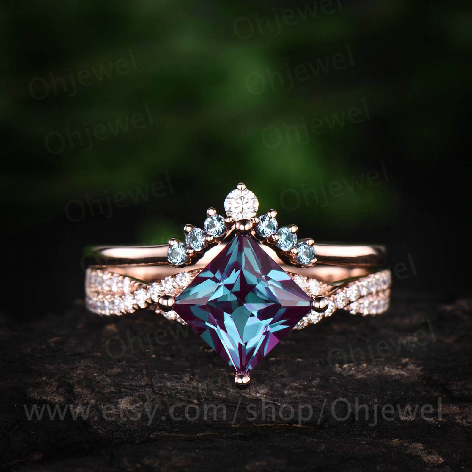 Princess Cut Alexandrite Rose Gold Ring Unique 2pcs Color - Etsy