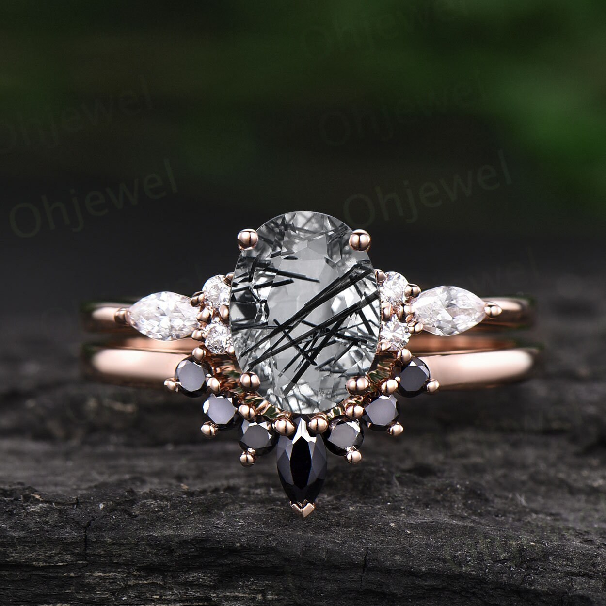 Oval Cut Black Rutilated Quartz Engagement Ring Set Rose Gold | Etsy
