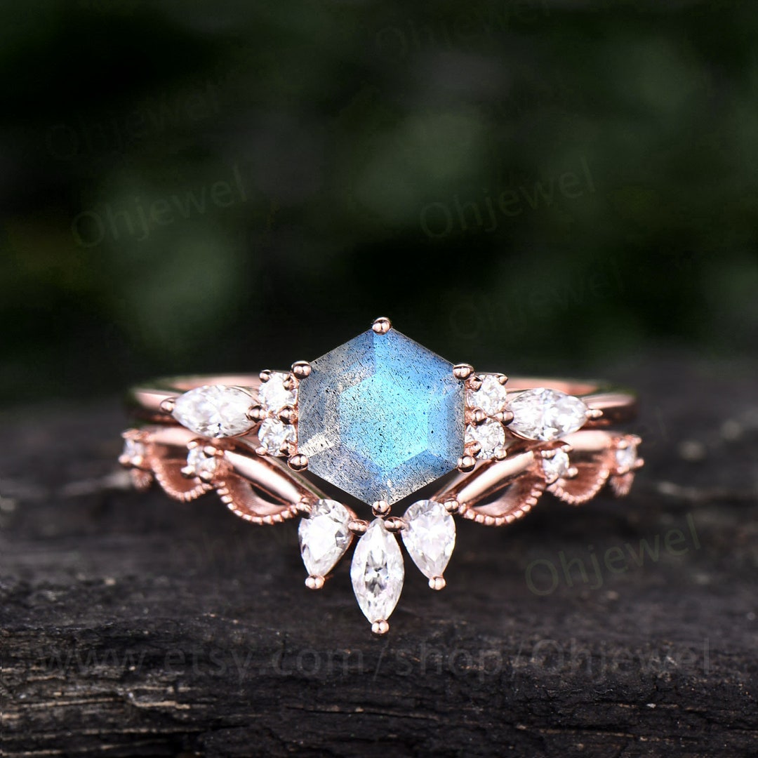 Hexagon Labradorite Engagement Ring Set Vintage Labradorite Ring Rose ...