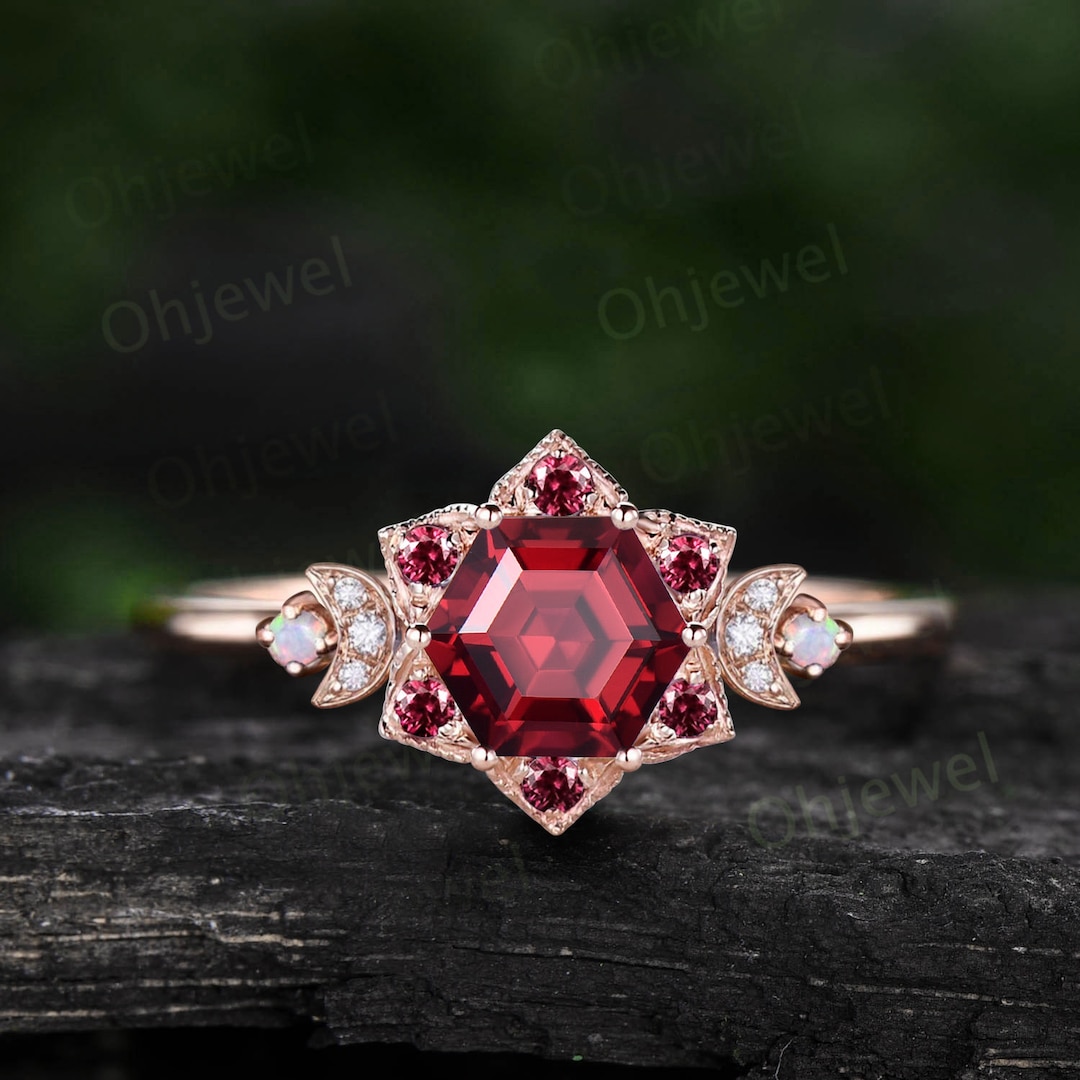 Vintage Hexagon Cut Red Ruby Engagement Ring Solid 14k Yellow Gold ...