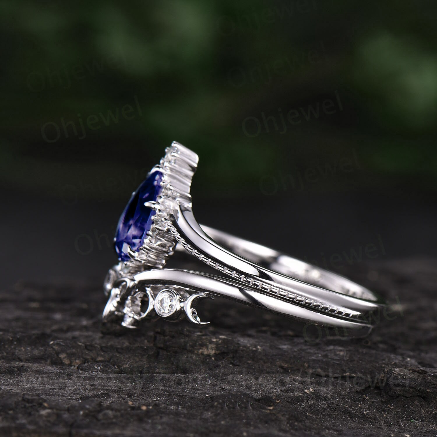 Pear Shaped Tanzanite Engagement Ring Set 18k White Gold Milgrain ...