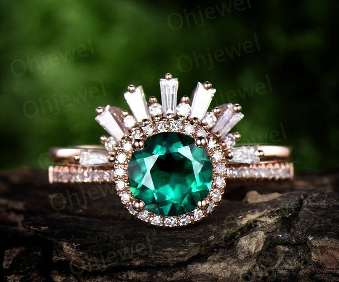 1.2ct Emerald Engagement Ring Set Rose Gold 14K/18K Emerald Ring Gold ...