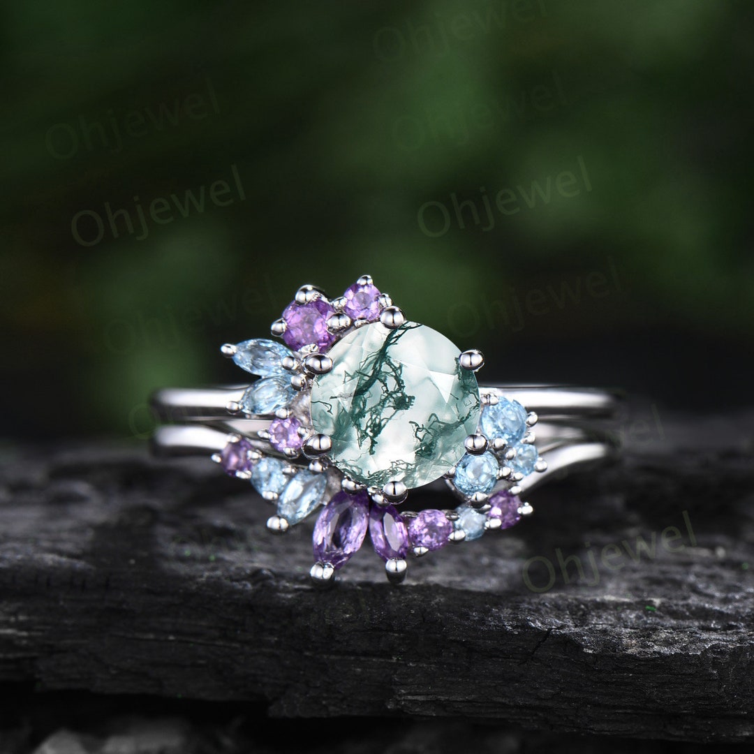 Vintage Round Moss Agate Engagement Ring White Gold Snowdrift Cluster ...