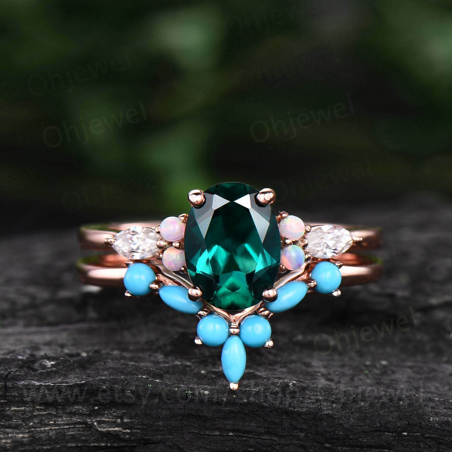 Oval Emerald Engagement Ring Set 14k Rose Gold Vinatge Opal - Etsy