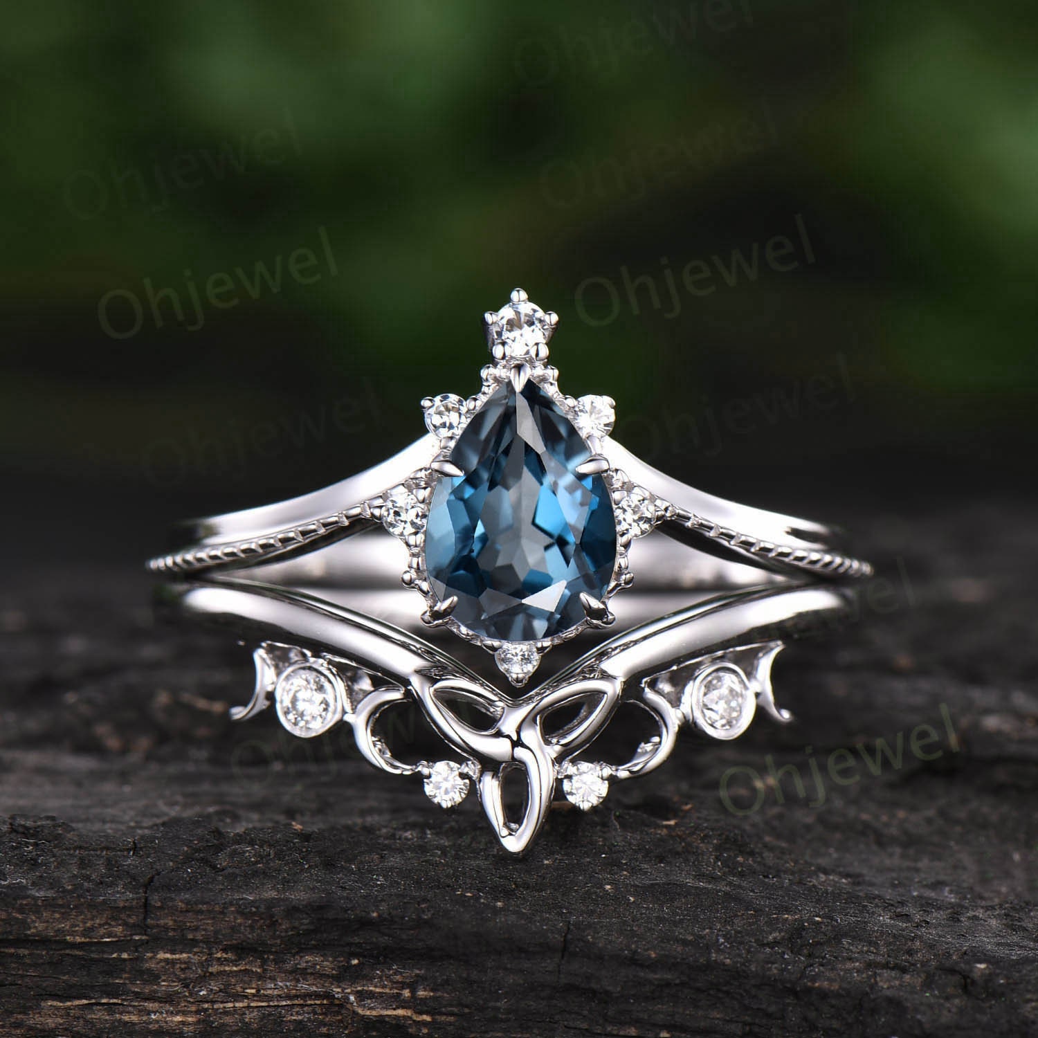 Vintage Pear Shaped London Blue Topaz Engagement Ring Set Rose - Etsy