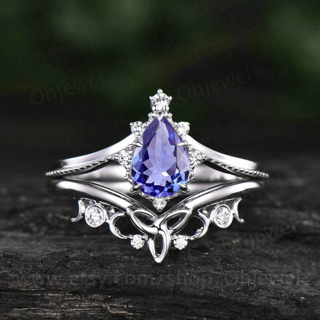 Pear Shaped Tanzanite Engagement Ring Set 18k White Gold Milgrain ...