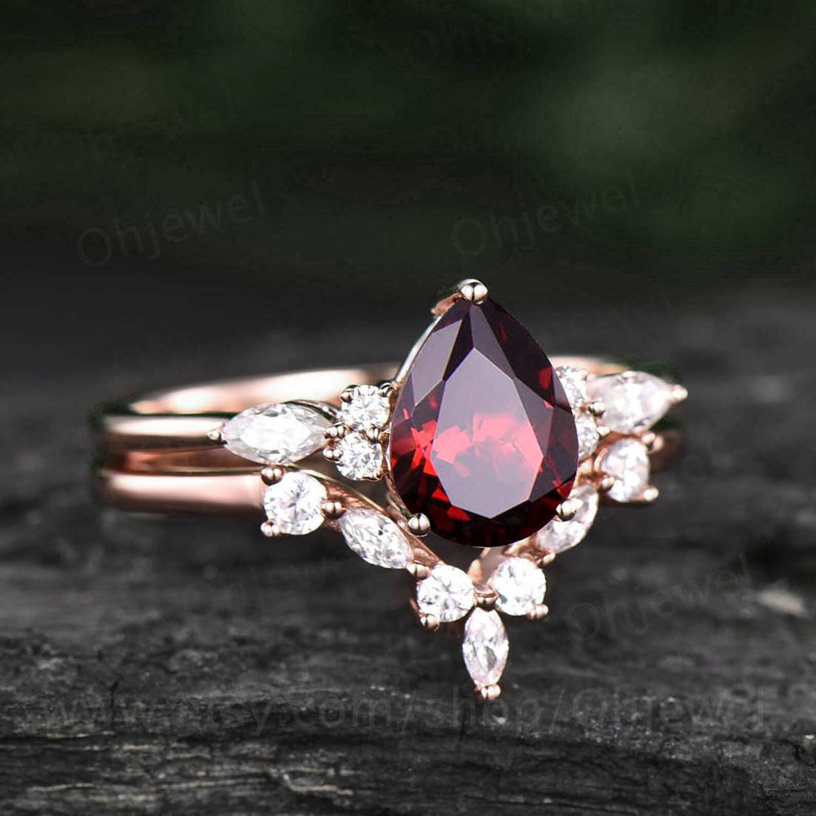 Pear Cut Garnet Engagement Ring Set Vintage Garnet Ring Gold - Etsy