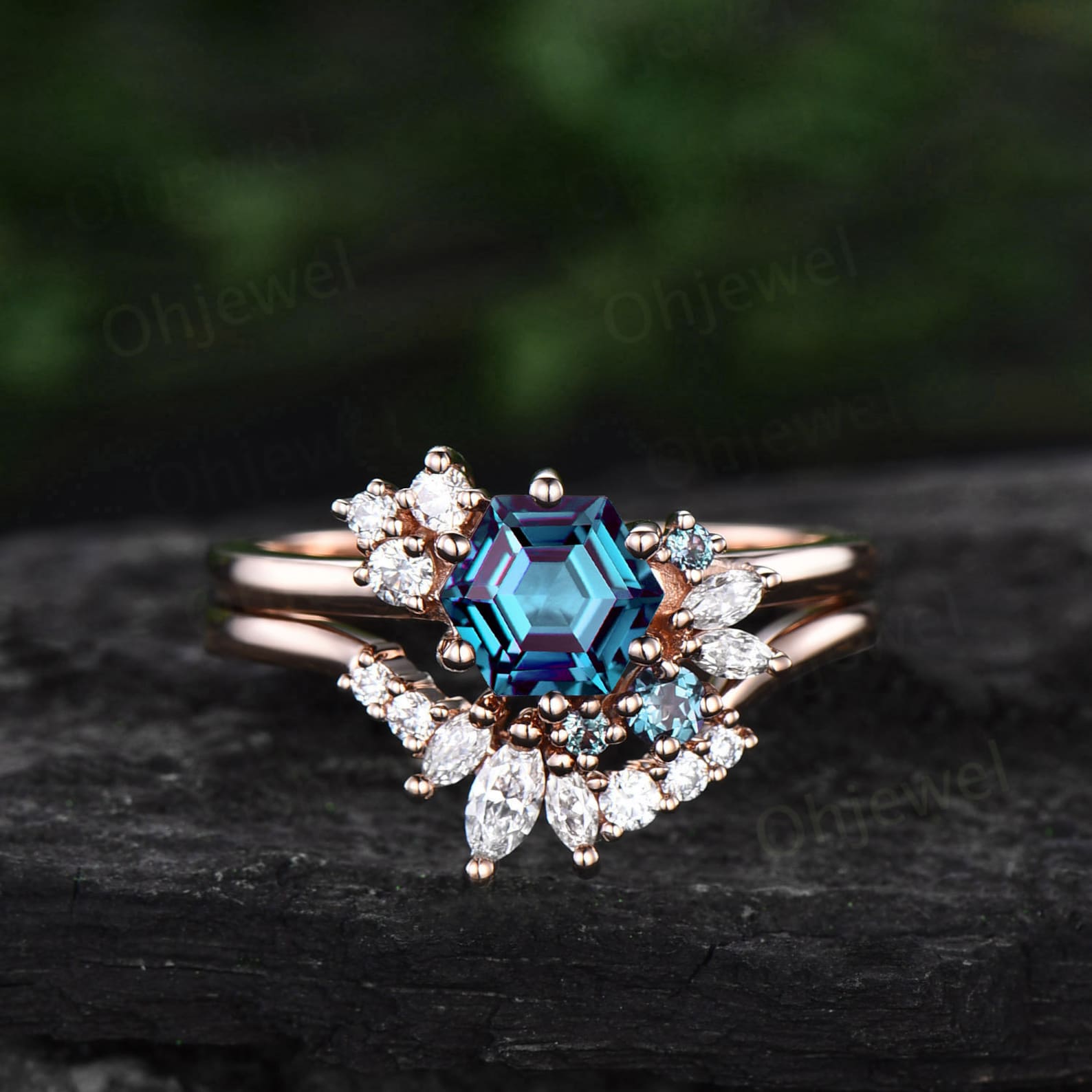 Hexagon Cut Alexandrite Ring Rose Gold Unique Cluster - Etsy