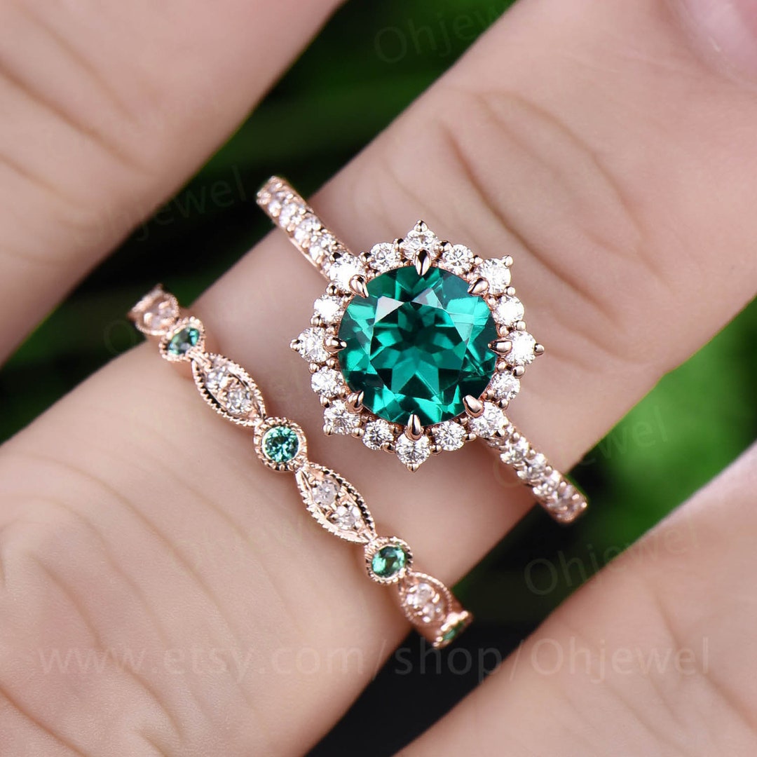2pcs Emerald Bridal Set Vintage Round Emerald Engagement Ring Set Rose ...