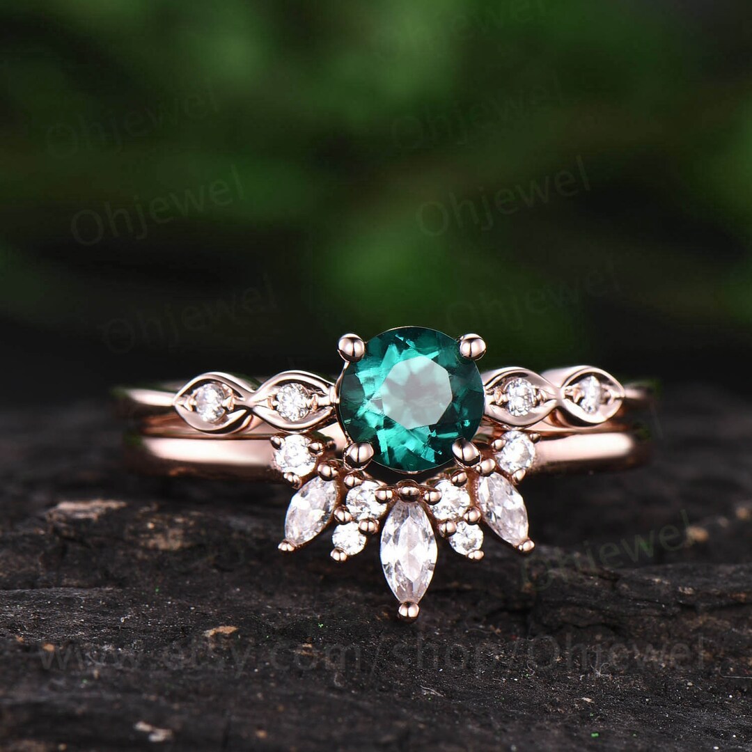 Emerald Bridal Set 2pcs Emerald Engagement Ring Set Emerald Rings for ...