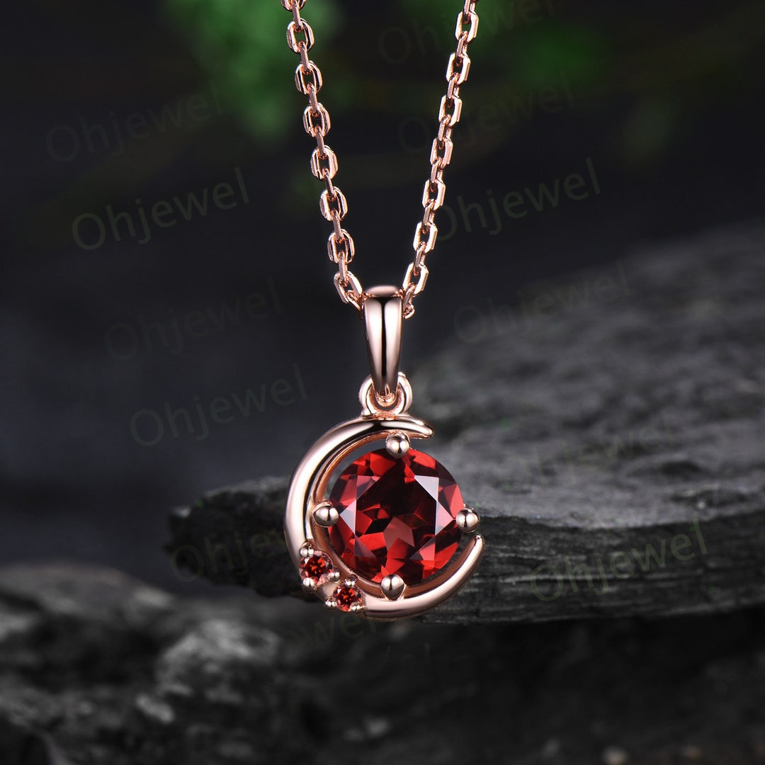 Vintage Round Cut Red Garnet Necklace 14k Rose Gold Personalized Dainty ...
