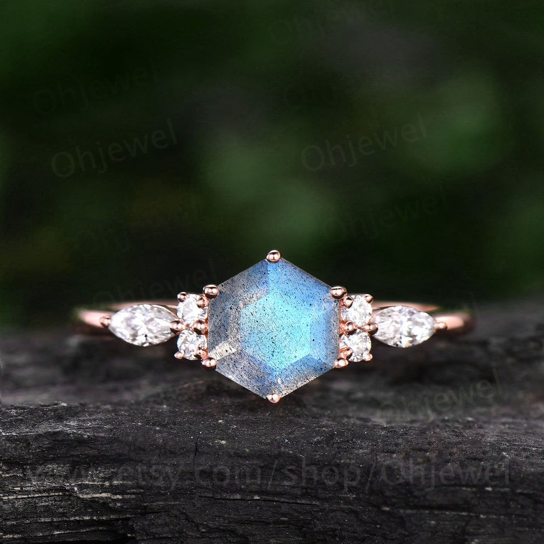 Hexagon Labradorite Engagement Ring Art Deco Rose Gold Ring Vintage ...