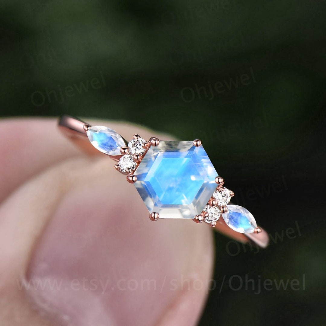 Vintage Hexagon Cut Moonstone Engagement Ring 14k Rose Gold 6 Prong ...